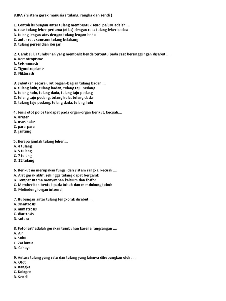 IPA Sistem Gerak Manusia Tulang Rangka Dan Sendi SOAL | PDF
