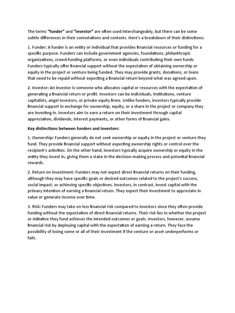 Funder Vs Investor | PDF | Finance & Money Management