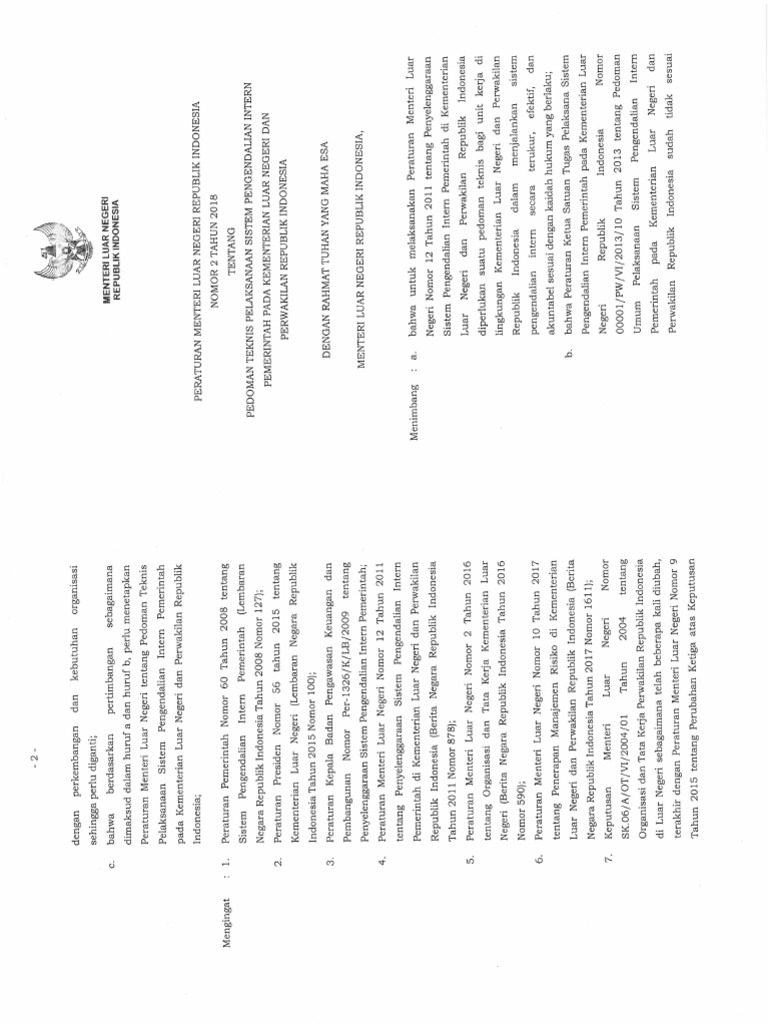 Permenlu No. 2 Tahun 2018 Pedoman Teknis SPIP Kemenlu Dan PWK | PDF