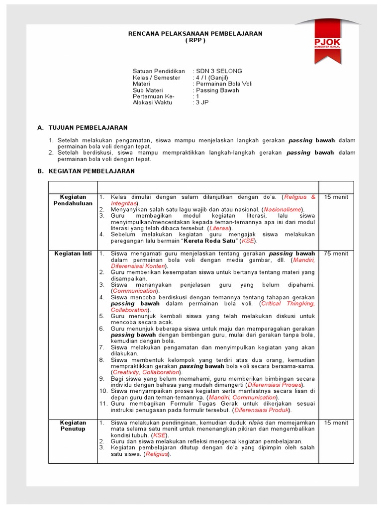 RPP - Kls 4 Pertemuan 1 - Voli | PDF