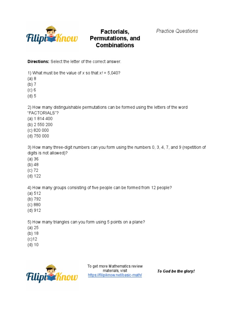 Factorials & Permutations Quiz | PDF