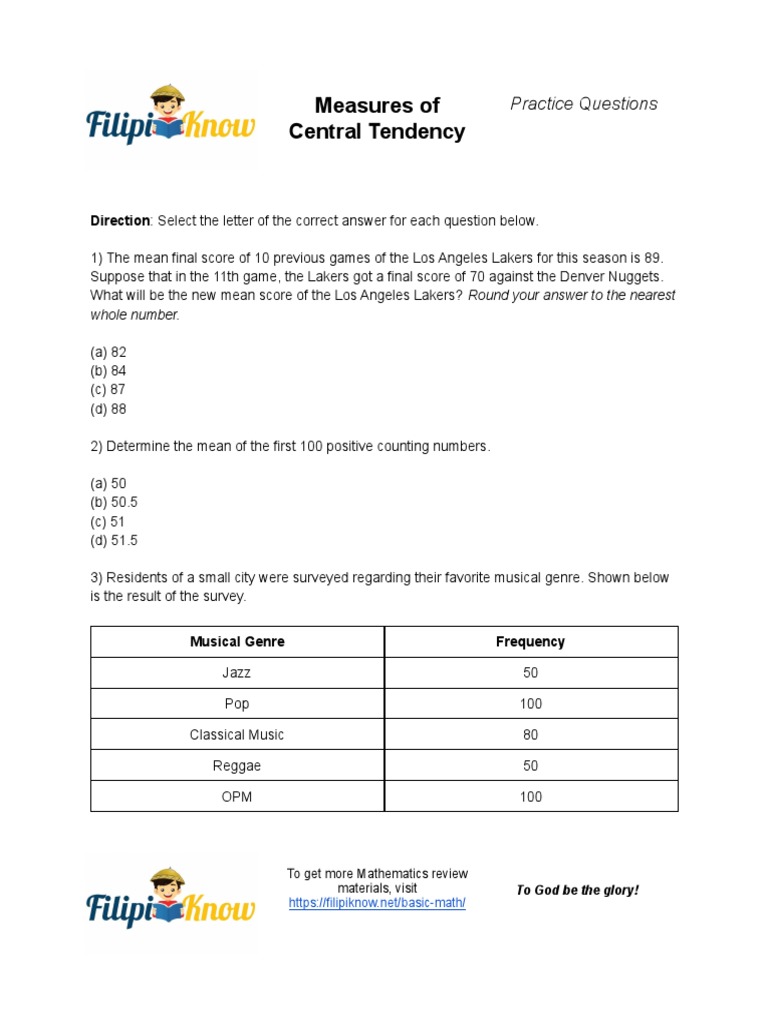 Central Tendency Practice Questions | PDF | Mean