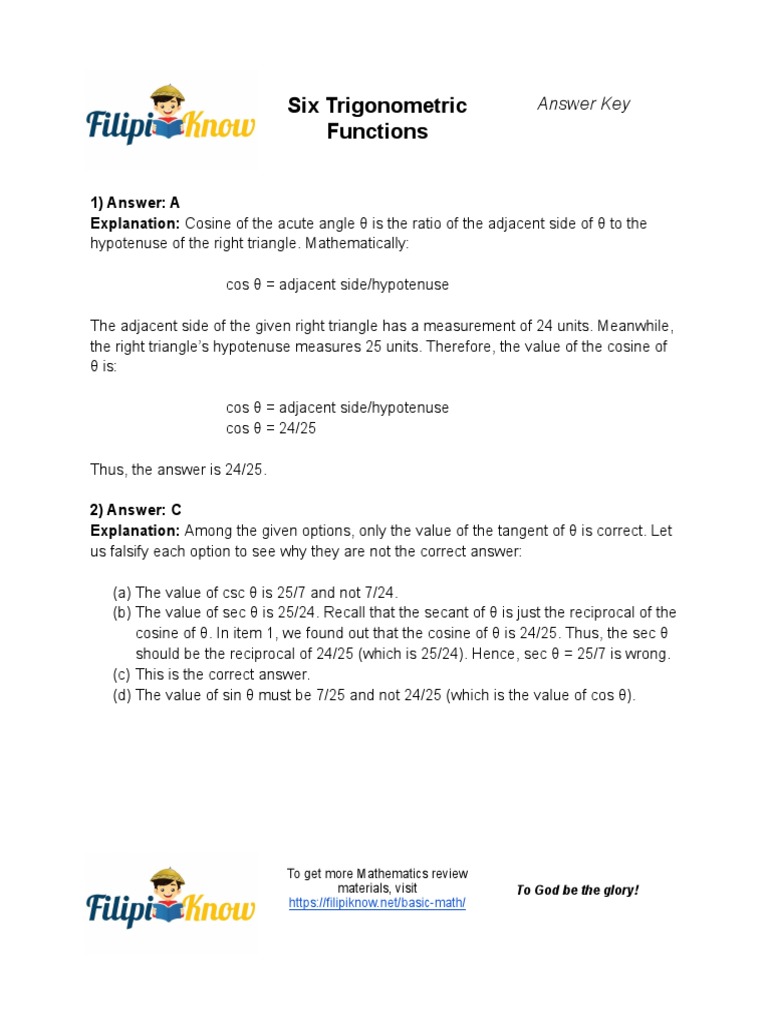 Six Trigonometric Functions Answer Key | PDF | Trigonometric Functions ...