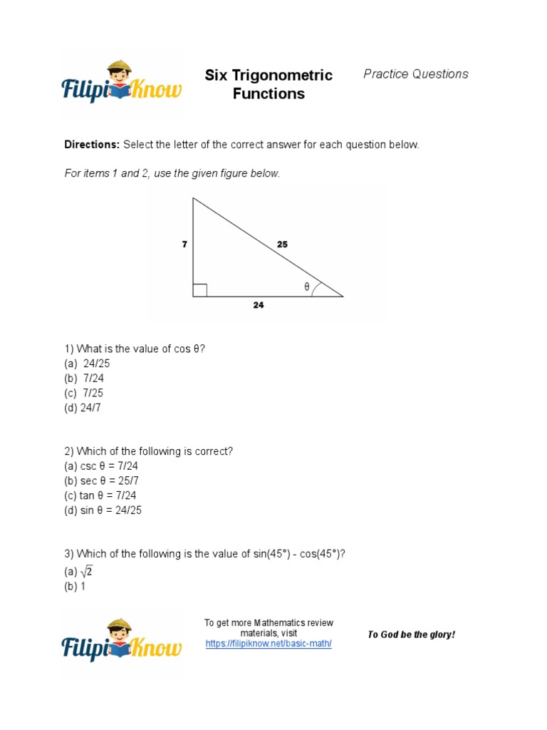Six Trigonometric Functions Practice Questions | PDF