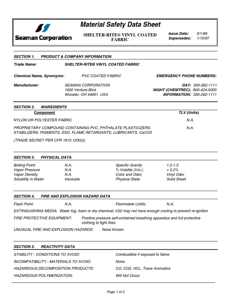 PVC Coated Fabric MSDS | PDF | Polyvinyl Chloride | Chemical Substances