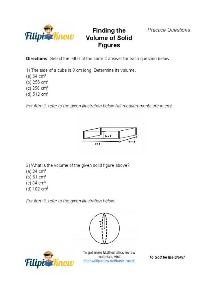 Finding The Volume of Solid Figures Practice Questions | PDF