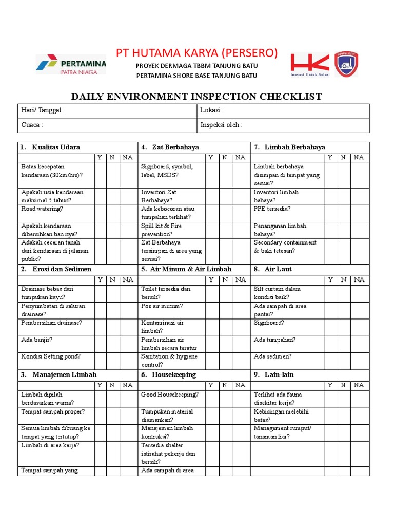 Checklist Daily Evironment | PDF
