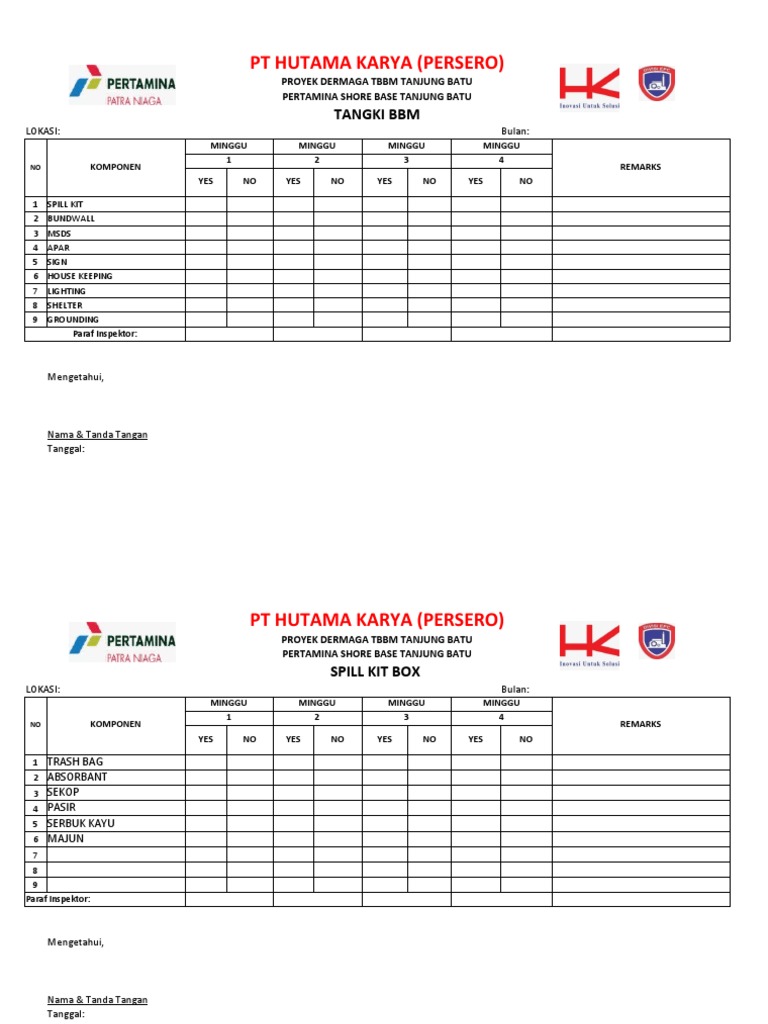 Form Inspeksi Tangki Bensin & Spill Kit | PDF