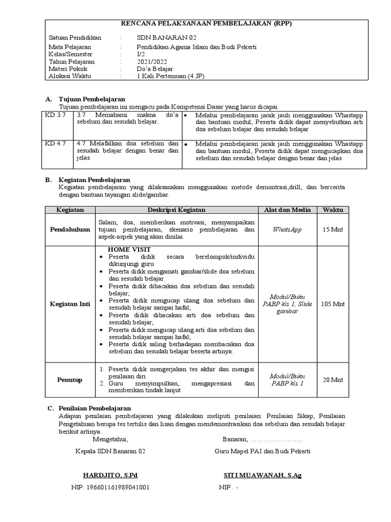 RPP Daring Kelas 1 | PDF