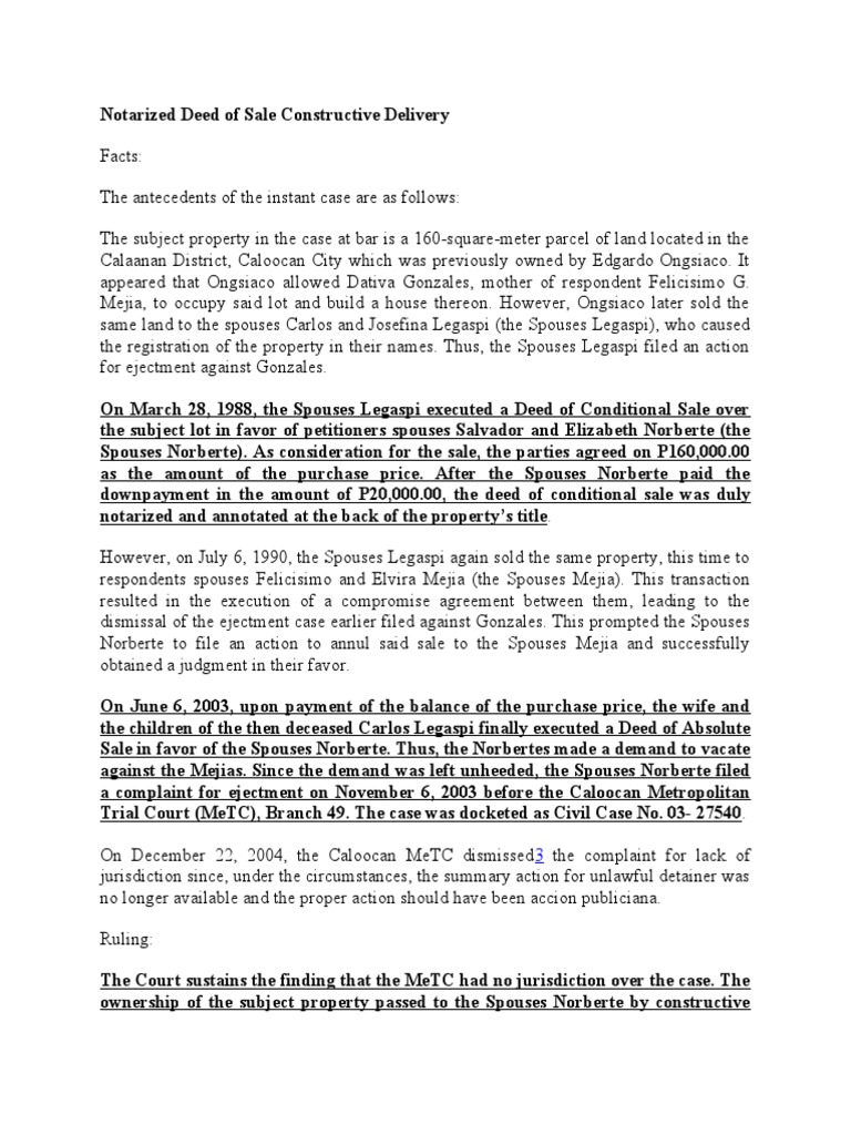 Notarized Deed of Sale Constructive Delivery | PDF
