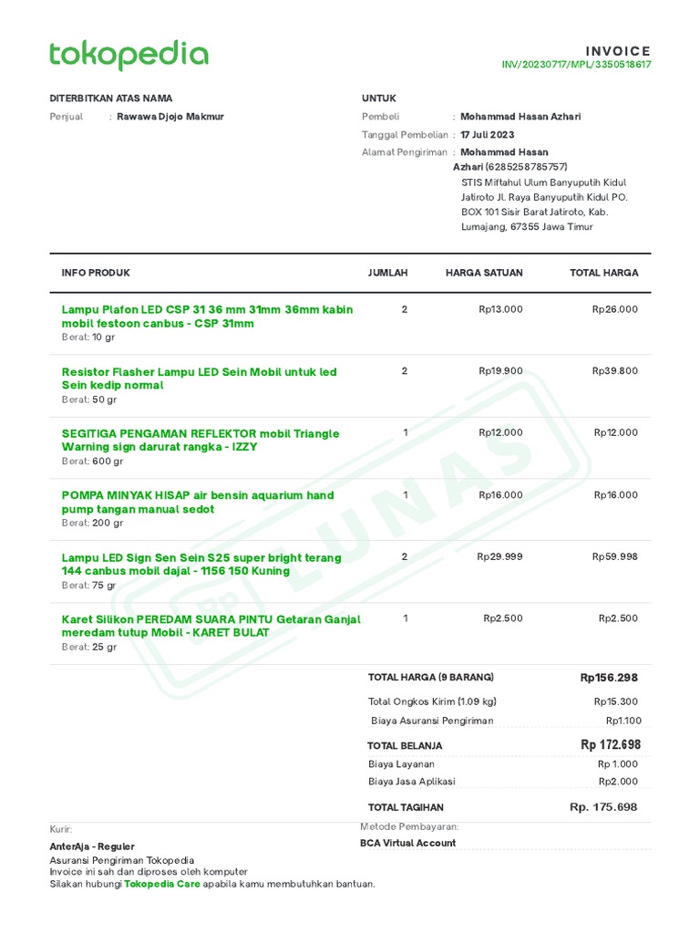 Invoice Lampu Mobil | PDF