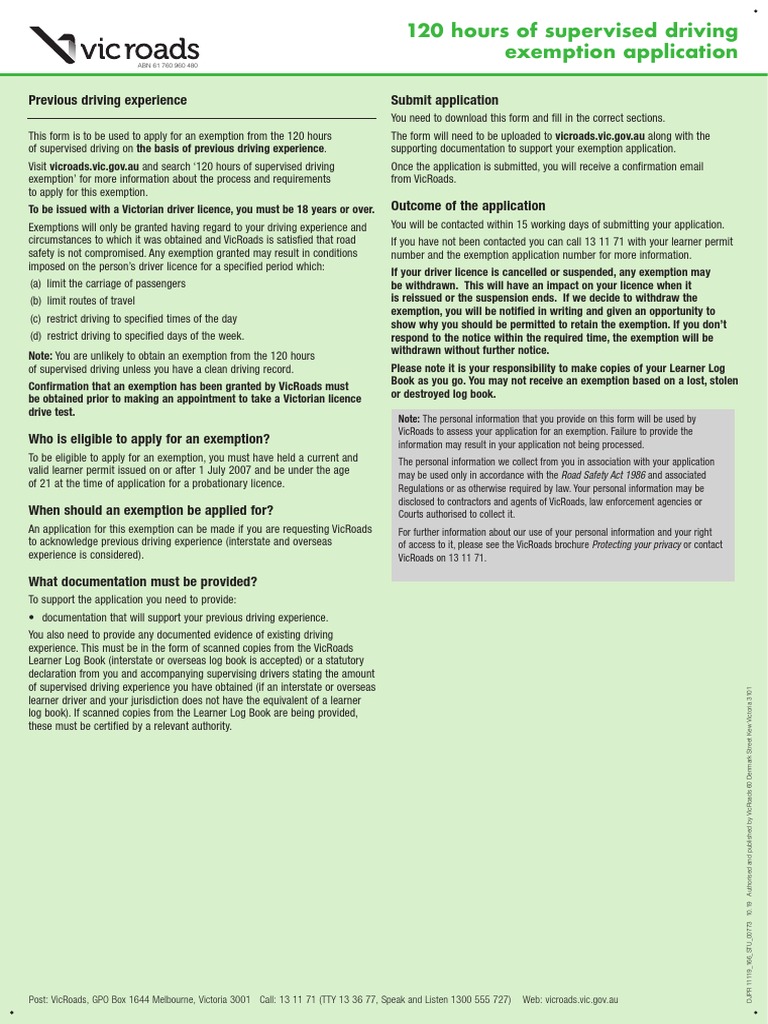 120 Hours of Supervised Driving Exemption Application | PDF