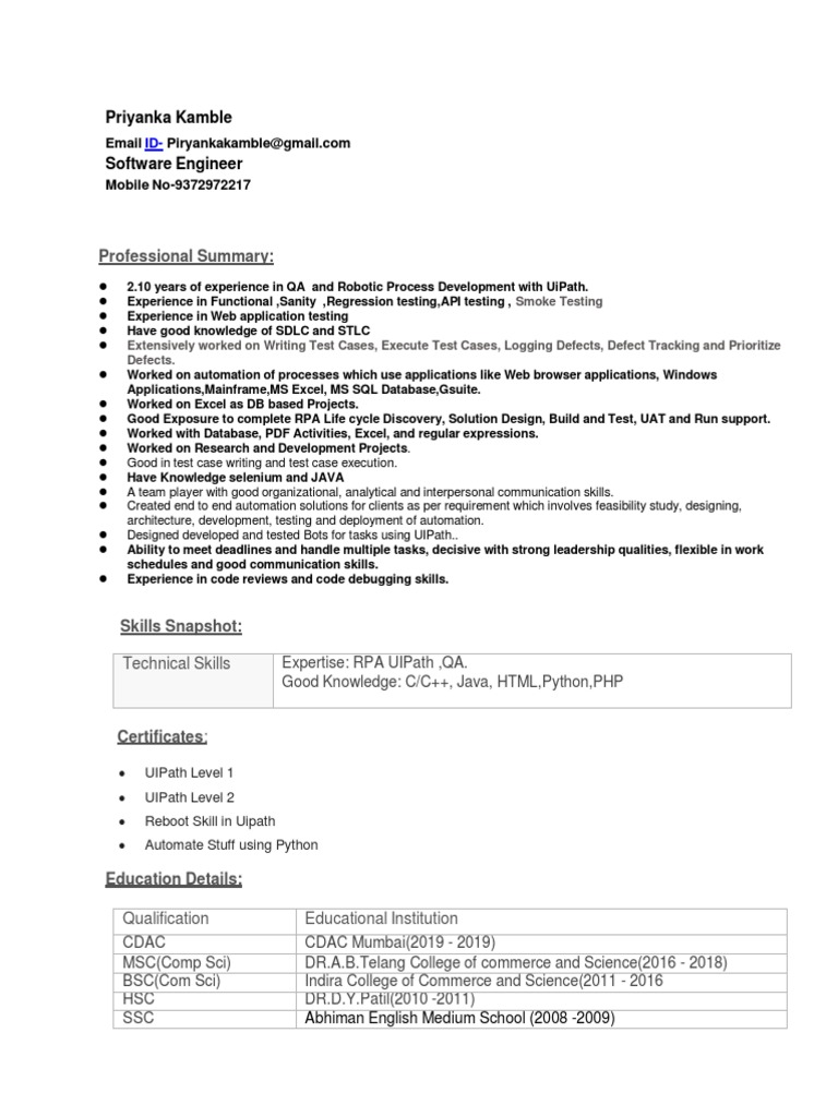 Priyanka Kamble: RPA & QA Specialist | PDF | Microsoft Excel | Software