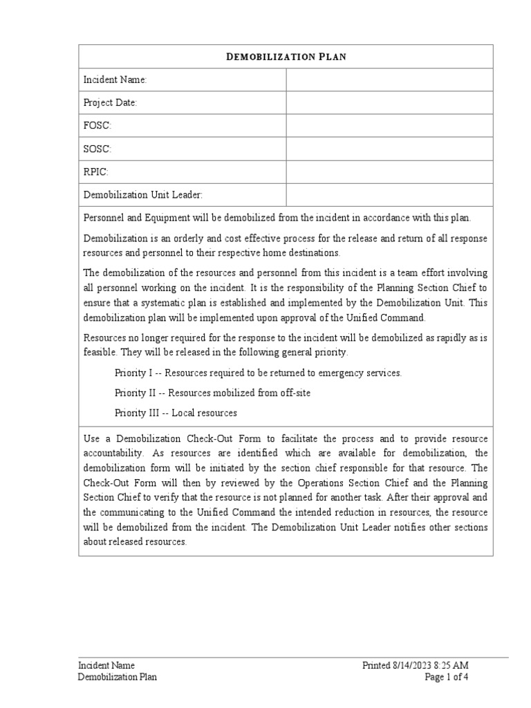 4060 Demobilization Plan Sample (1) | PDF