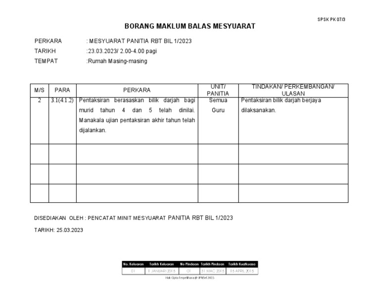 Borang Maklum Balas Panitia RBT-1 | PDF