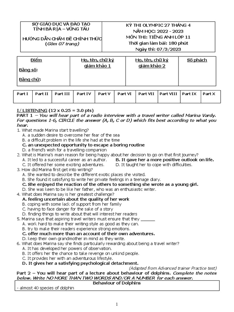 1. HSG lop 11 2022-2023 KEYS | PDF | Dolphin | Rainforest