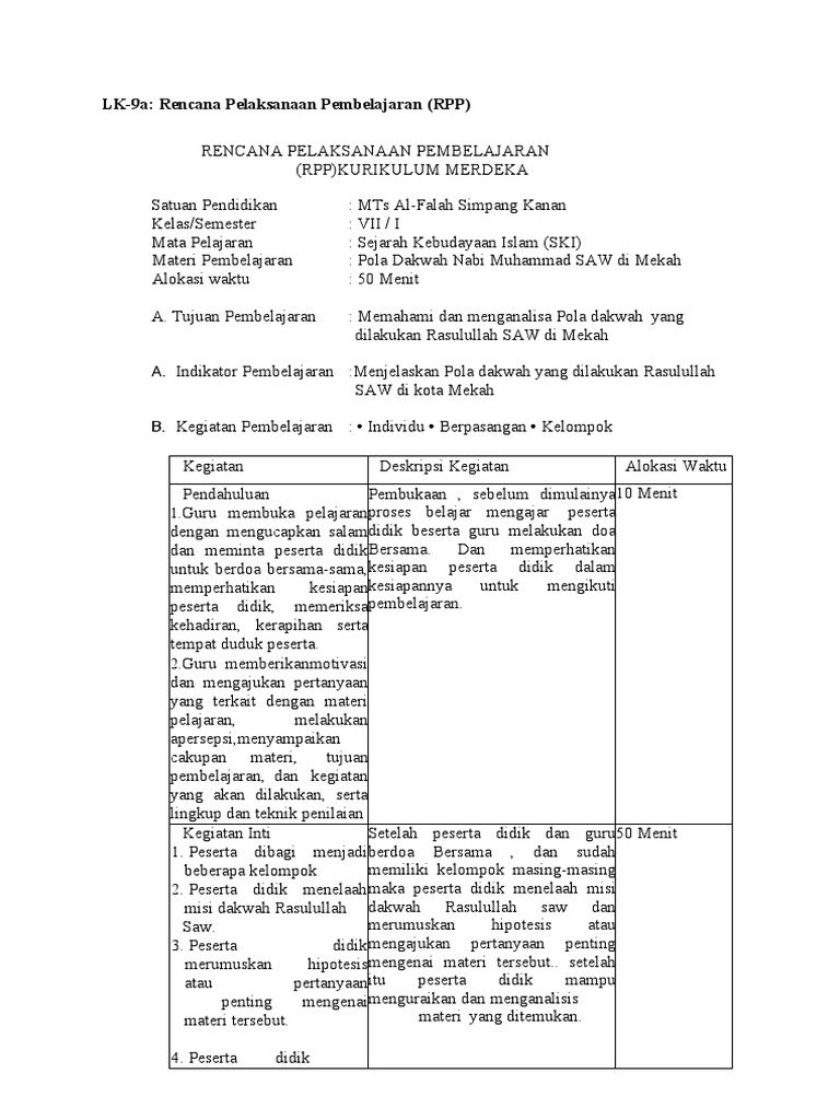 LK-9a: Rencana Pelaksanaan Pembelajaran (RPP) | PDF