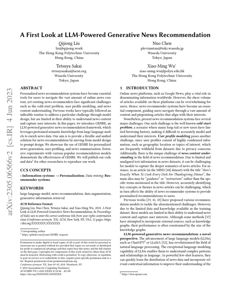 A First Look at LLM-Powered Generative News Recommendation: Qijiong Liu ...