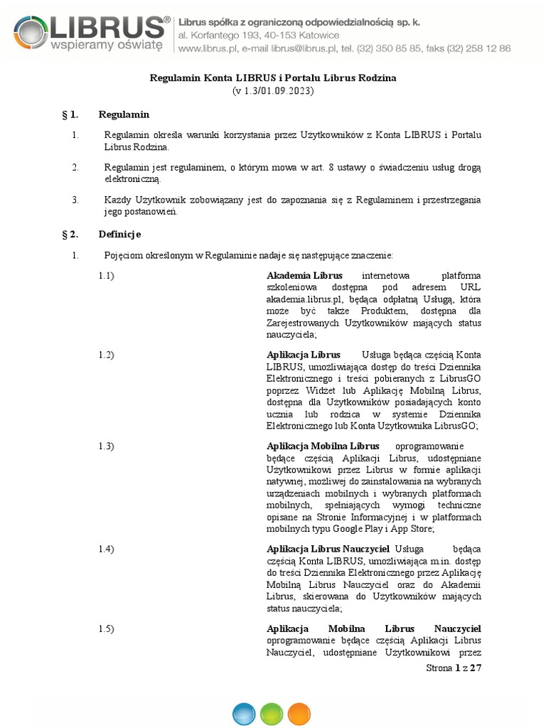 Regulamin Konta LIBRUS I Portalu Librus Rodzina V 1.3 | PDF