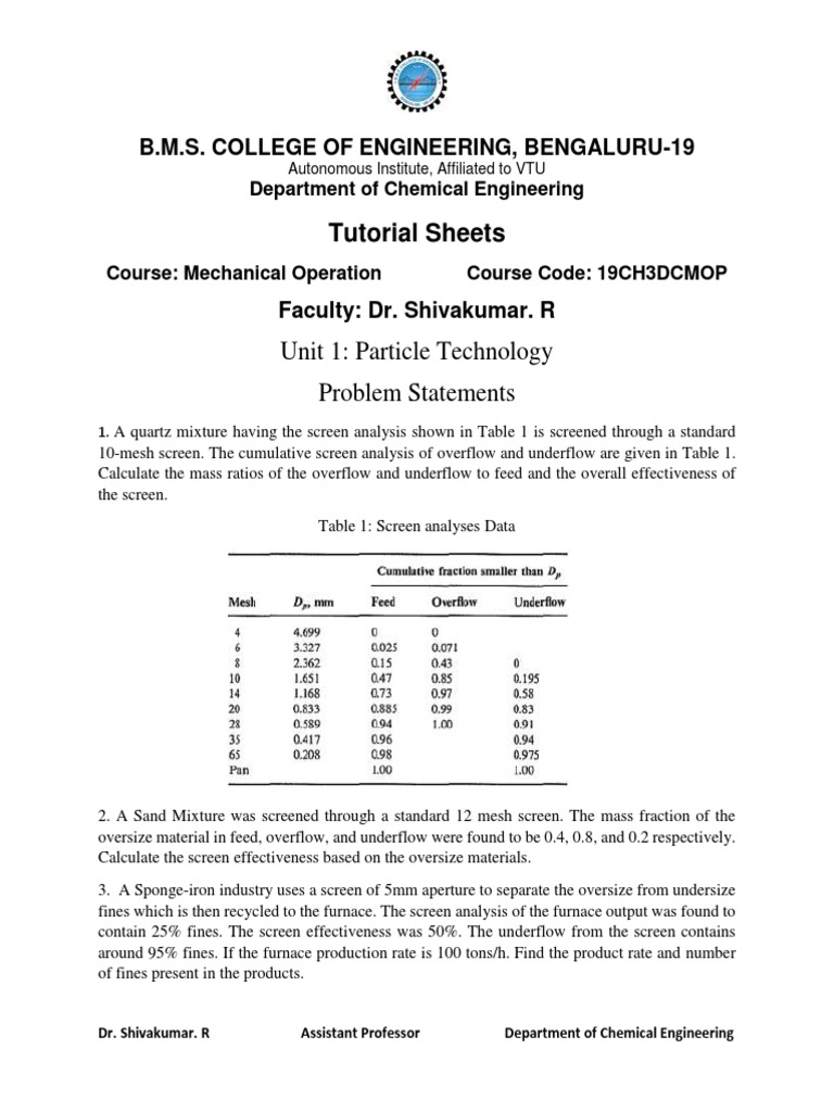 Mechanical Operations Tutorial Sheets | PDF | Filtration | Pressure