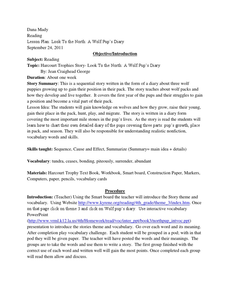 Wolf Pup Diary Lesson Plan | PDF | Reading Comprehension | Gray Wolf
