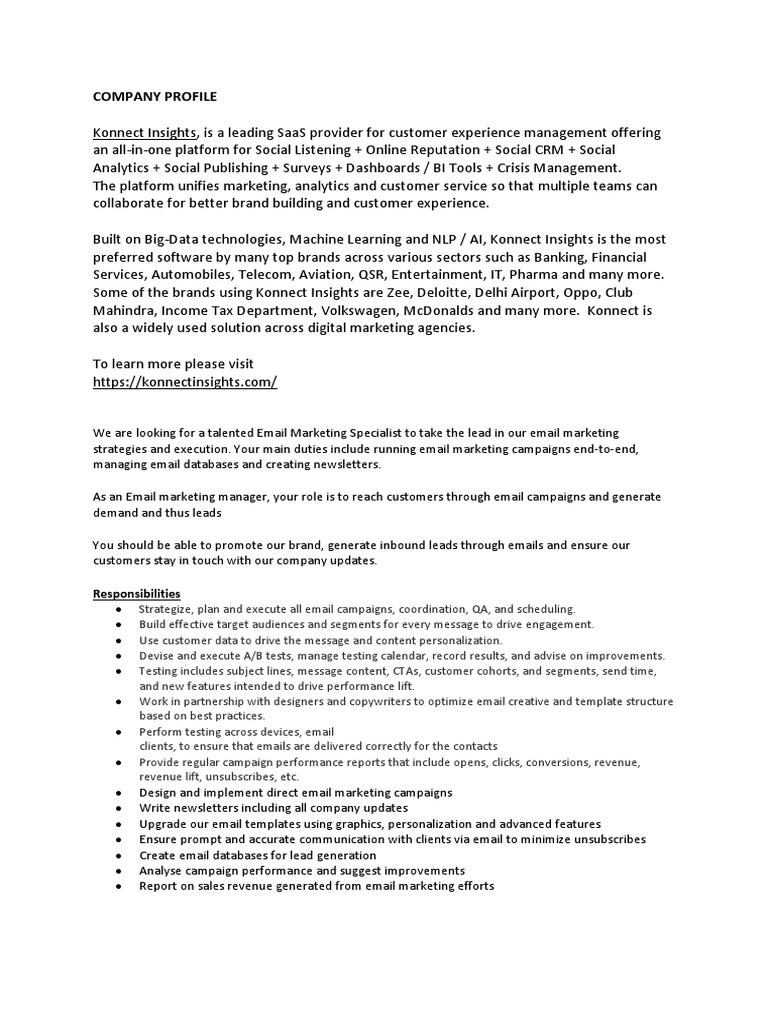 JD - Email Marketing Specialist For Konnect Insights | PDF | Analytics ...