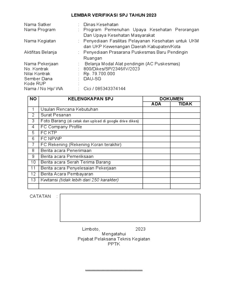Lembar Verifikasi SPJ Dinas Kesehatan 2023 | PDF