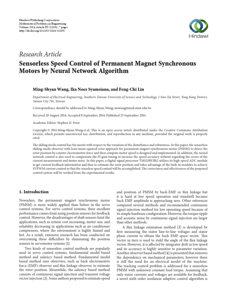 Research Article Sensorless Speed Control Of Permanent Magnet Synchronous Motors By Neural