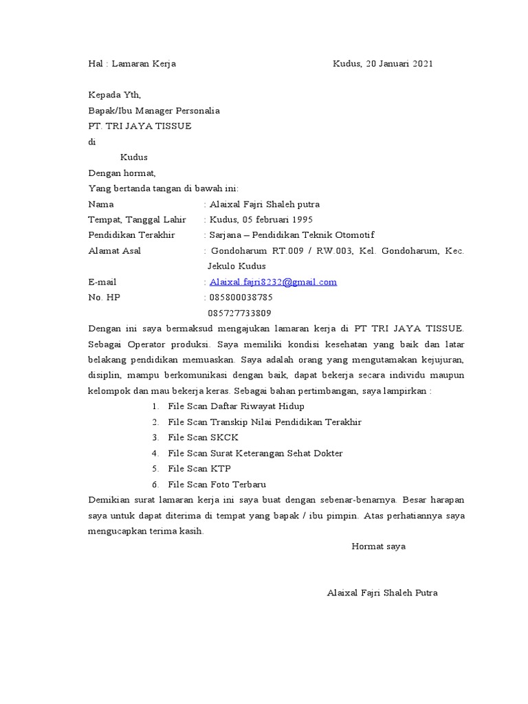 Lamaran PT TRI JAYA TISSUE Alaixal | PDF | Pengembangan Diri | Kesehatan Holistik