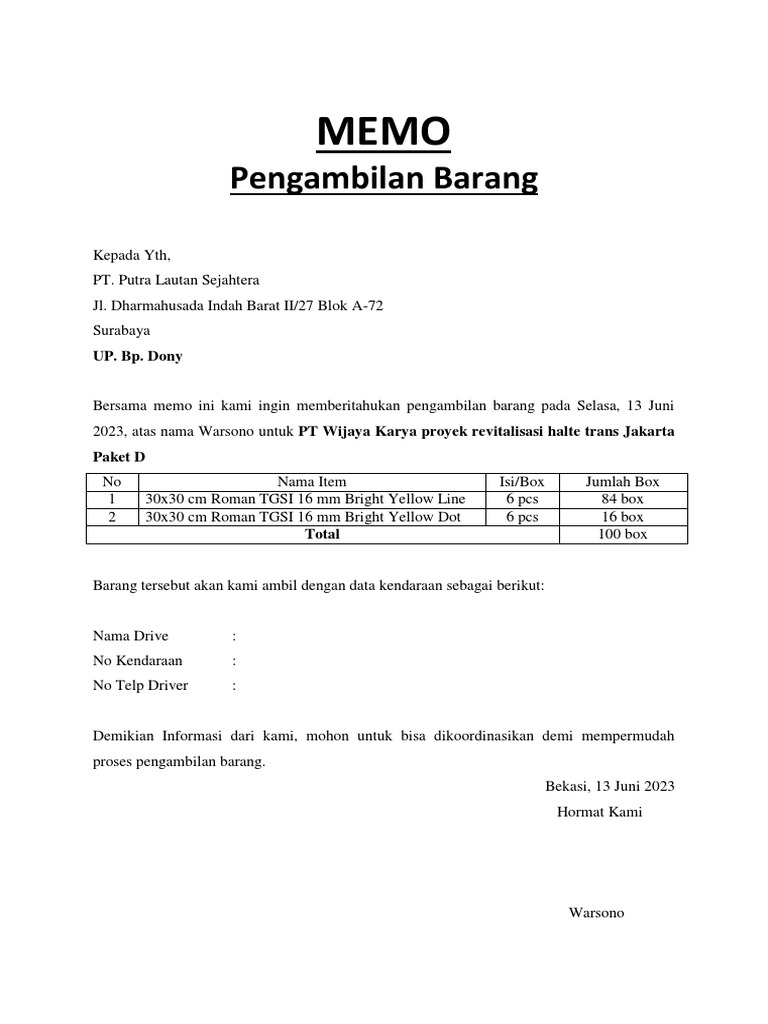 MEMO Pengambilan Barang | PDF