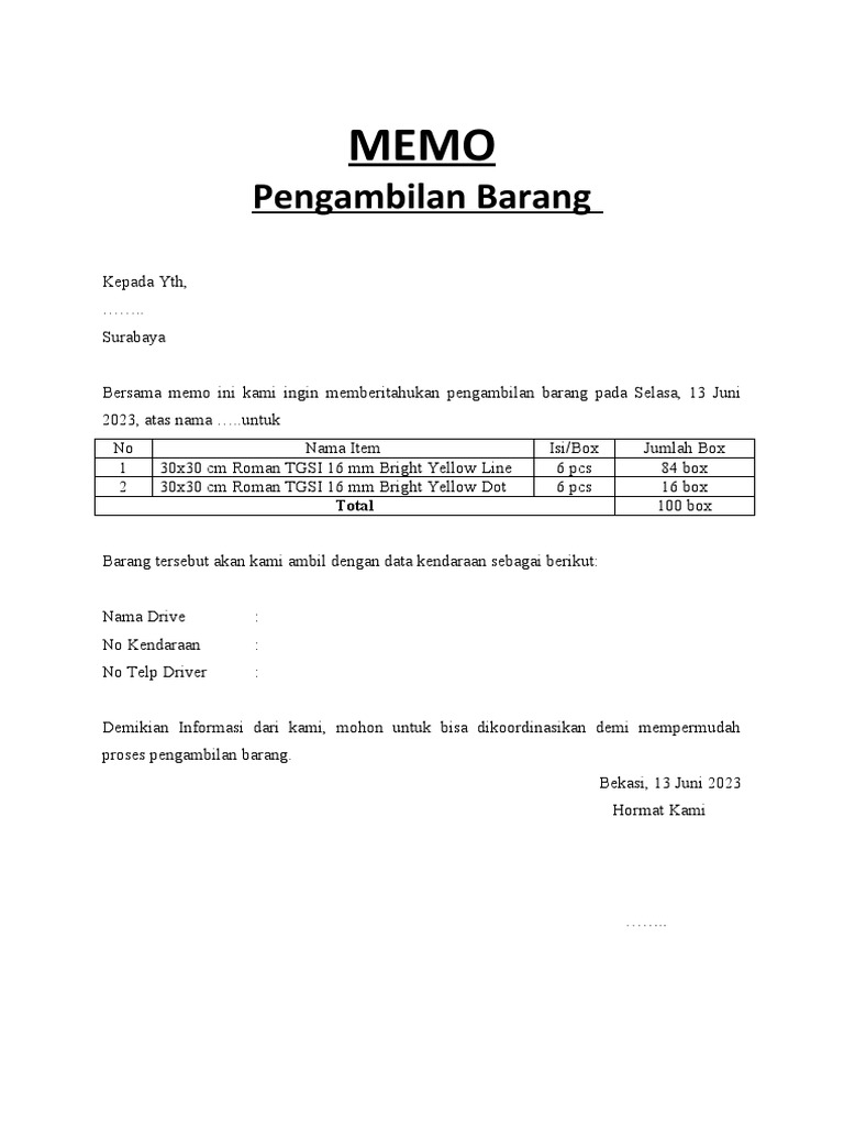 MEMO Pengambilan Barang | PDF