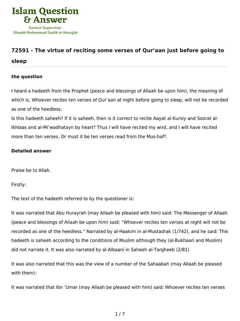 The Virtue of Reciting Some Verses of Qur'aan Just Before Going To Sleep | PDF | Hadith | Surah