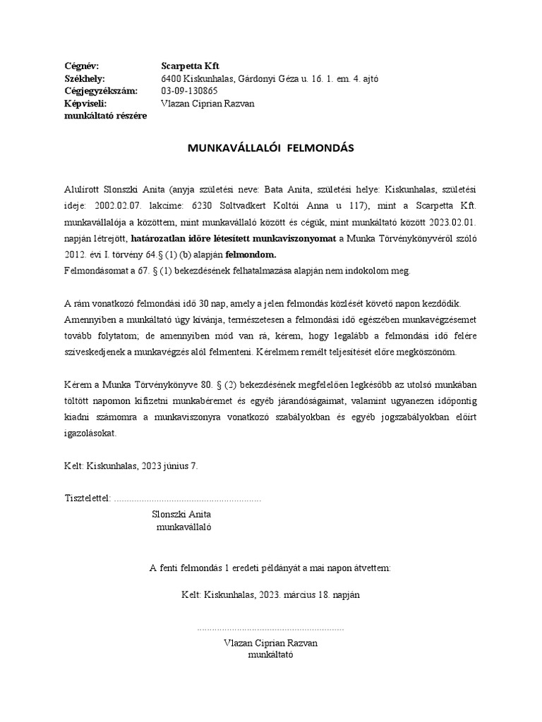 Felmondas Munkavall Hatarozattlan | PDF