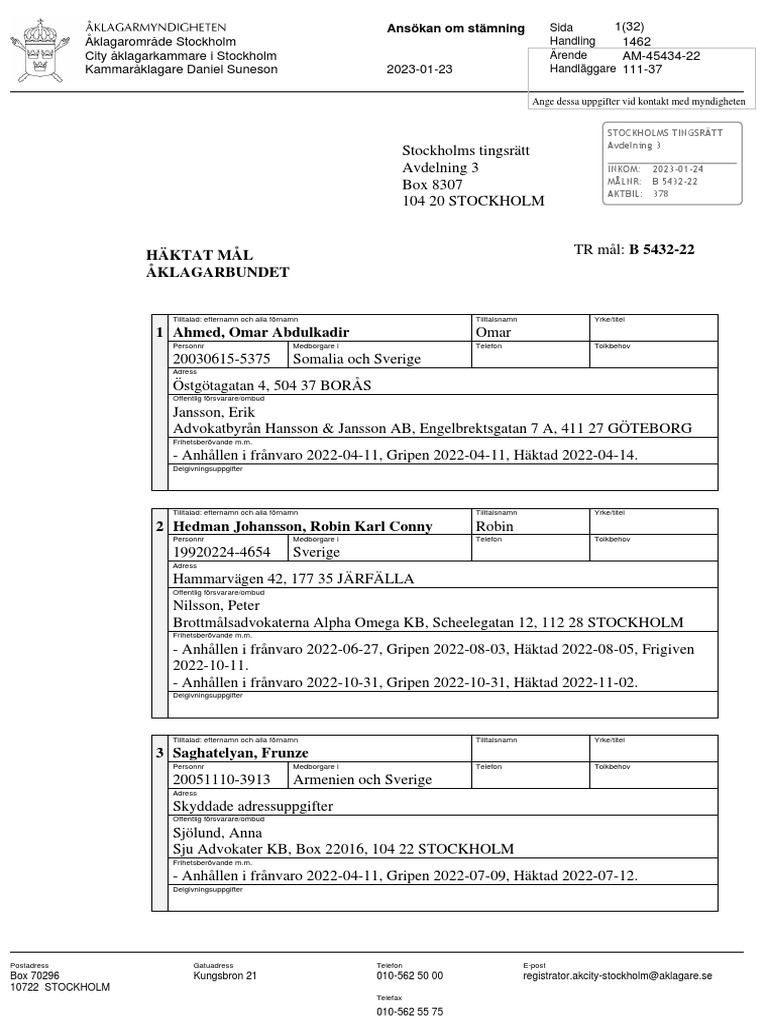 Stockholms TR B 5432-22 Aktbil 378, STÄMNINGSANSÖKAN | PDF