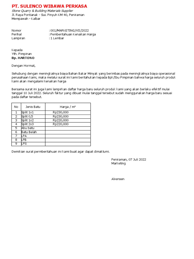 Surat Pemberitahuan Kenaikan Harga | PDF