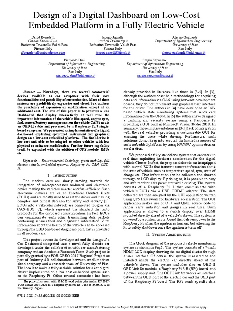 Design of A Digital Dashboard On Low-Cost Embedded Platform in A Fully Electric Vehicle | PDF
