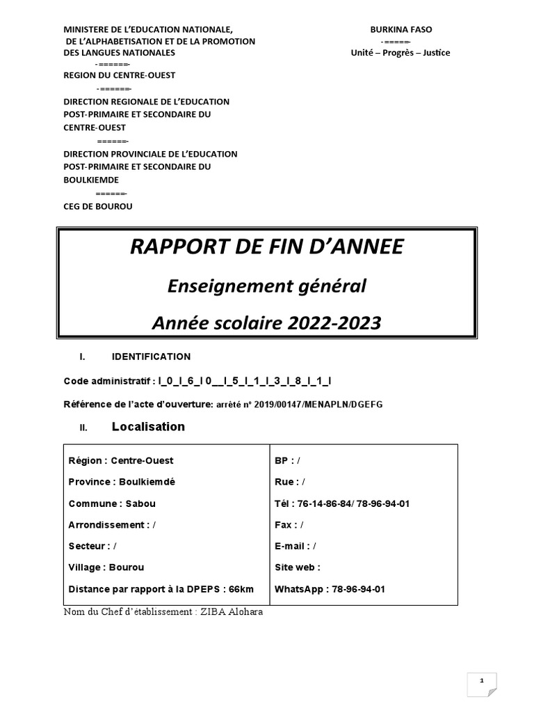 Rapport de Fin d'Année Scolaire 2023 | PDF