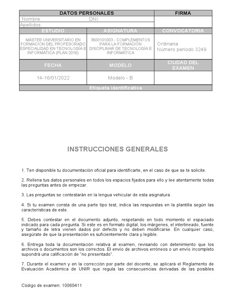 2022-01 - Examen COMPLEMENTOS - Modelo B | PDF