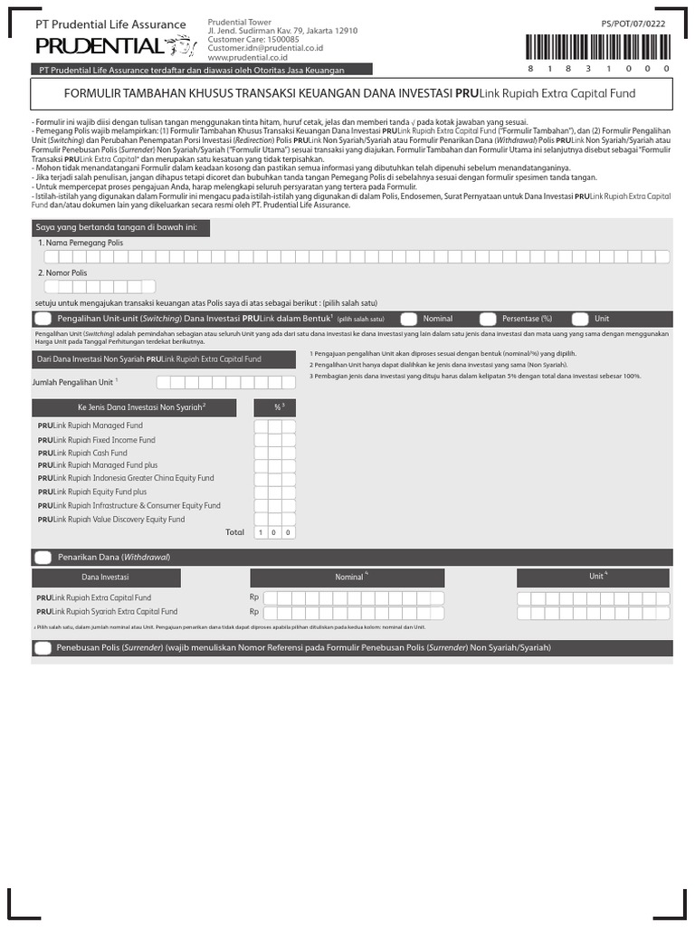 Formulir Transaksi PRULink Extra Capital | PDF | Bisnis | Pengelolaan ...