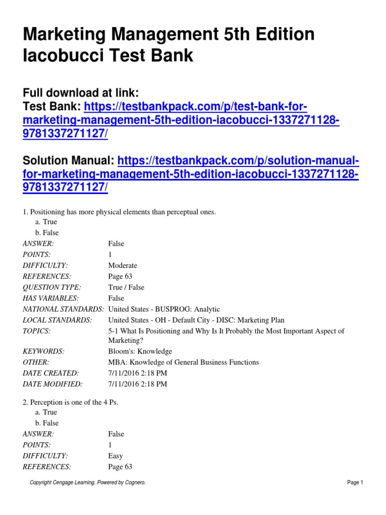 Marketing Management 5th Edition Iacobucci Test Bank 1 | PDF