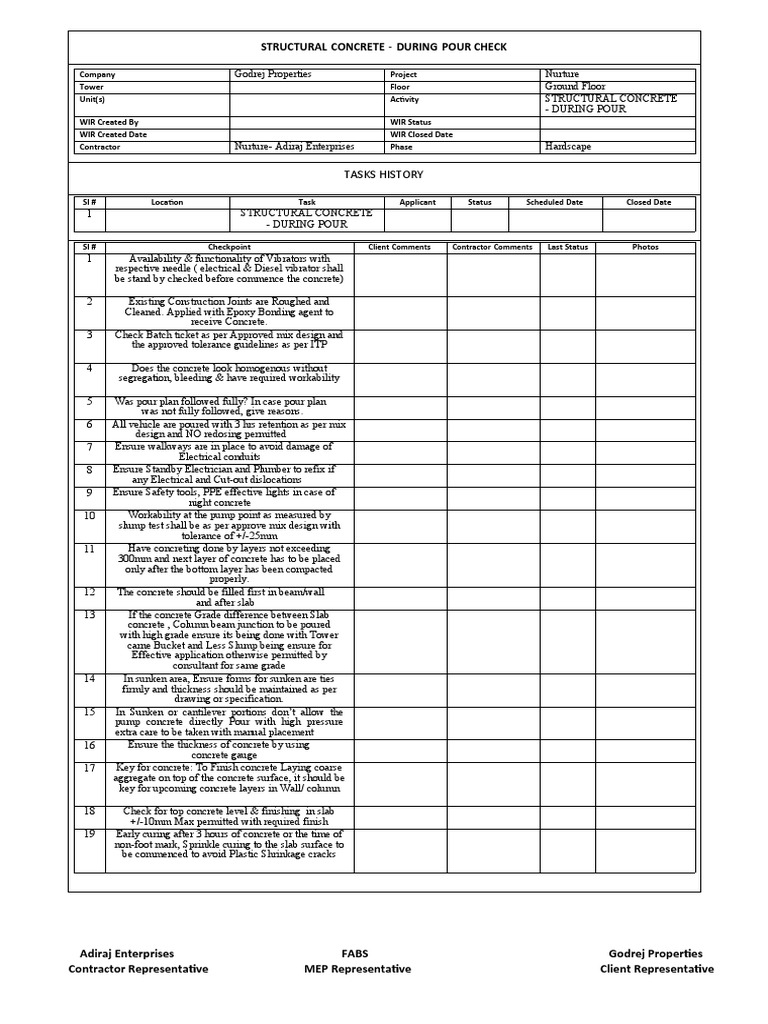 During Pour Check List | PDF | Concrete | Architectural Design