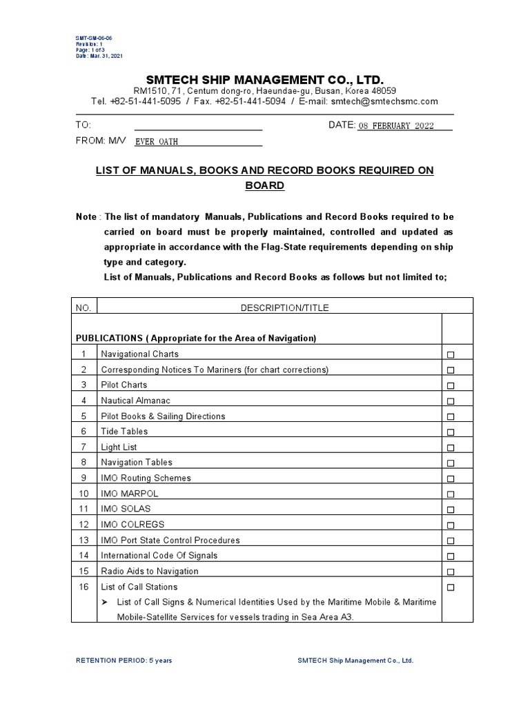 SM-06-06 List of Manuals, Books and Record Books Required On Board | PDF