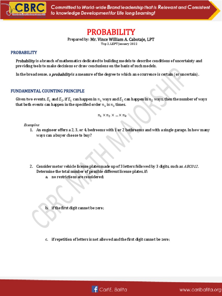 Week 5B - Probability Handout | PDF | Science & Mathematics
