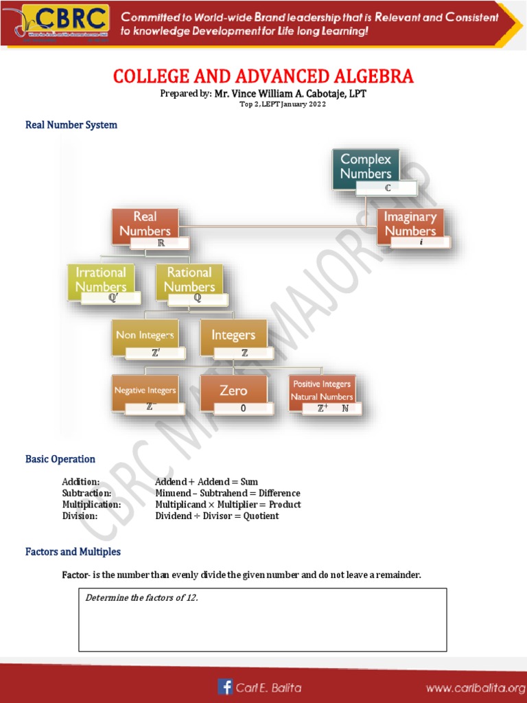 College and Advanced Algebra Handout | PDF | Equations | Factorization