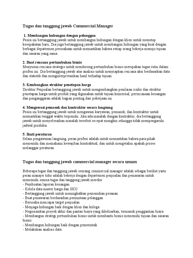 Tugas Dan Tanggung Jawab Commercial Manager | PDF Tugas Dan Tanggung Jawab Commercial Manager | PDF