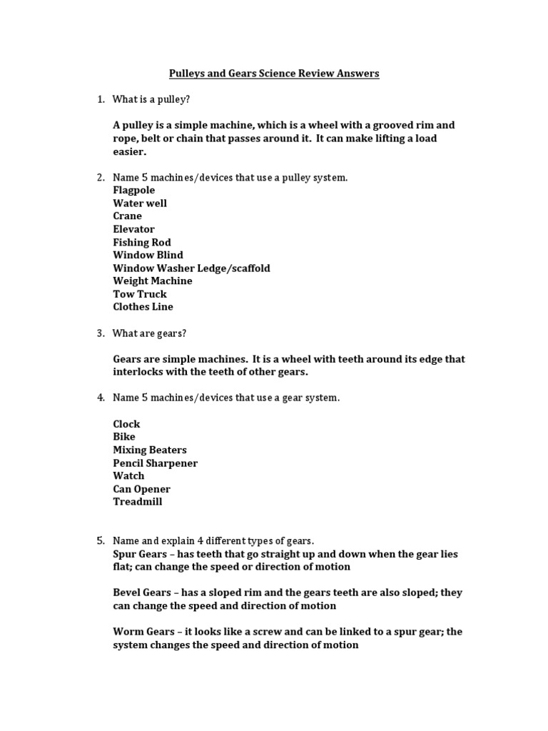 Pulleys and Gears Science Review Answers | PDF