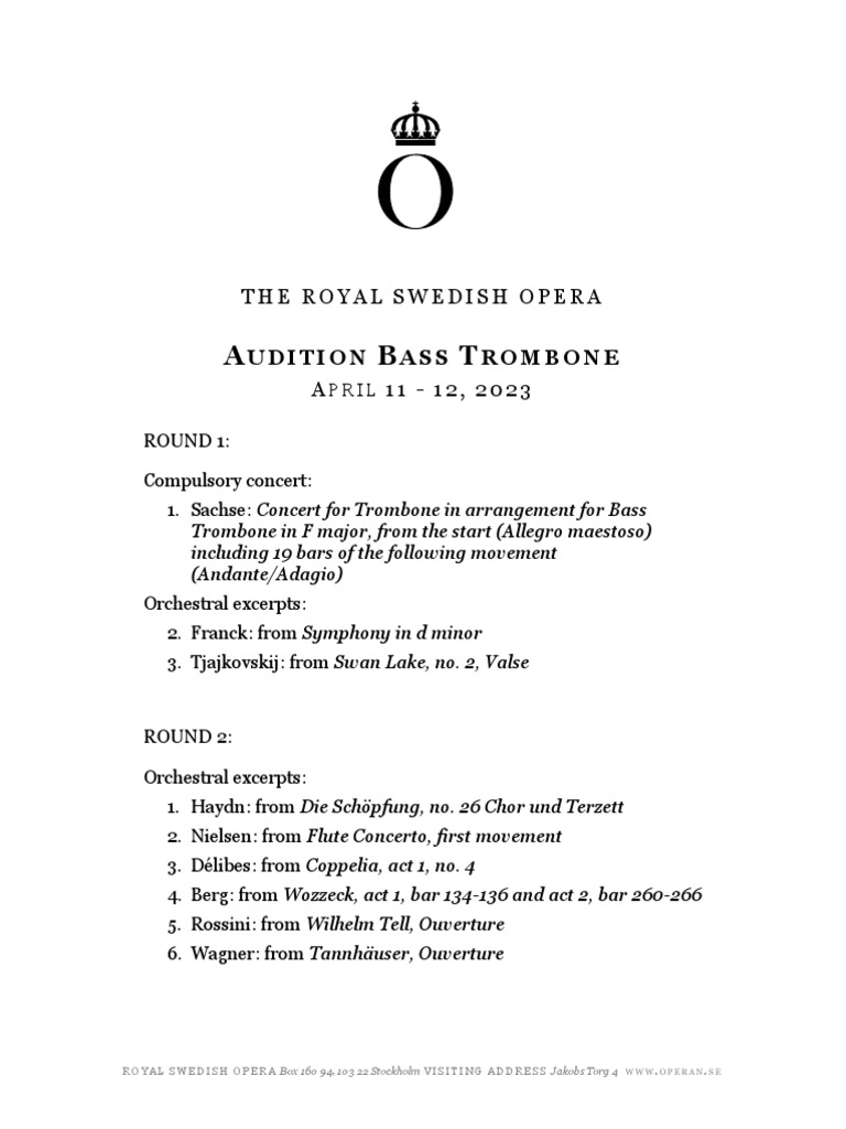 Royal Swedish Opera Bass Trombone Auditions | PDF