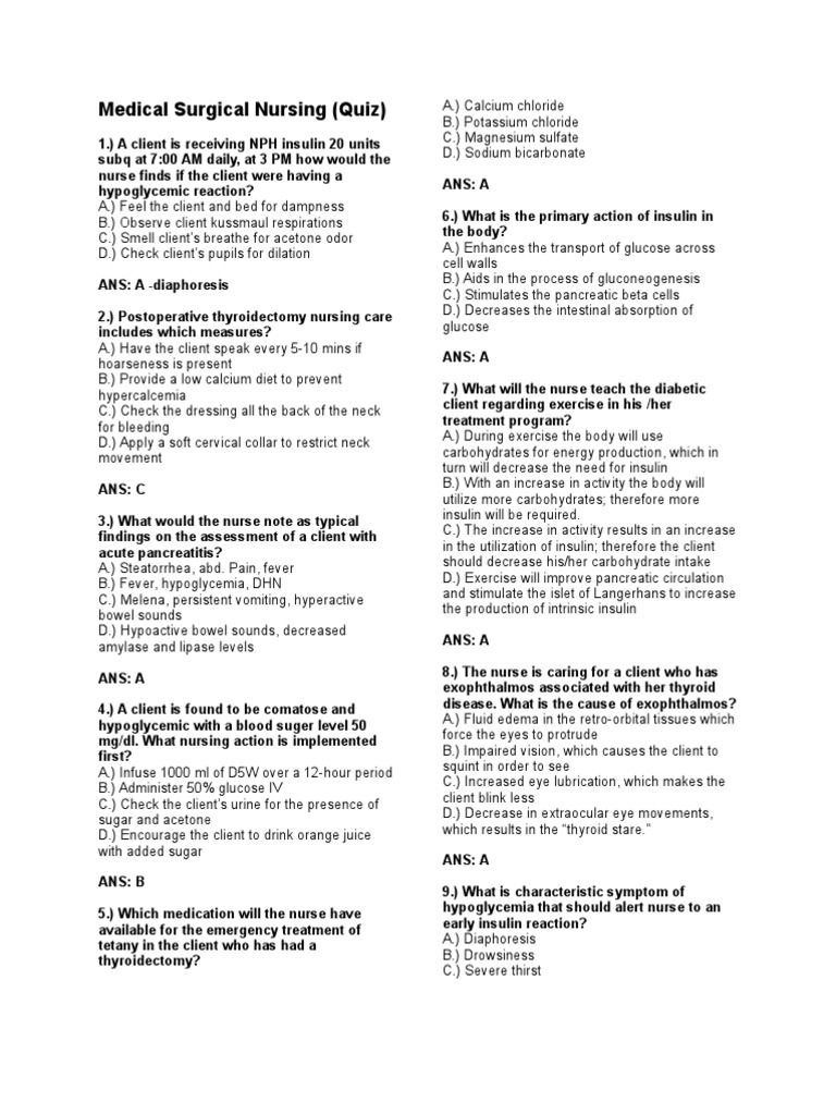 Medical Surgical Nursing Quiz Questions | PDF | Hypoglycemia | Glaucoma
