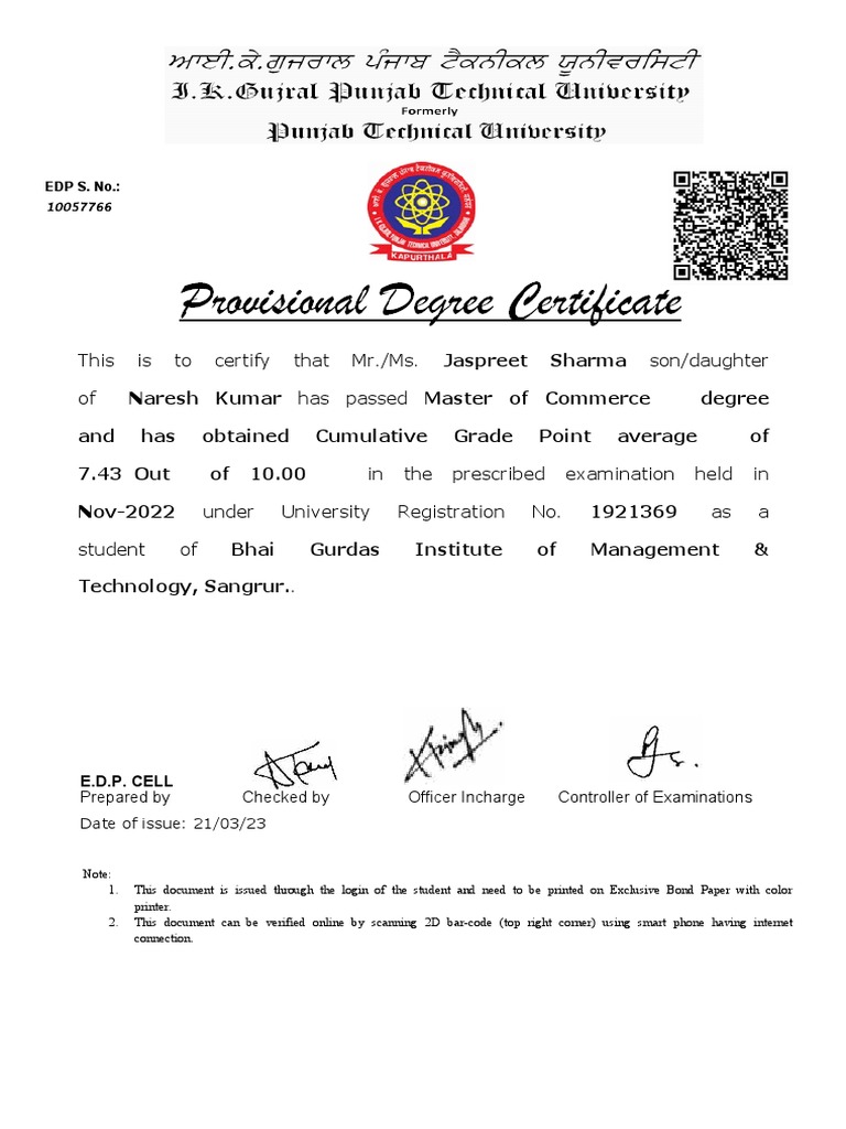 This Is To Certify That Mr./Ms. Jaspreet Sharma Son/daughter of Naresh Kumar Has Passed Master ...