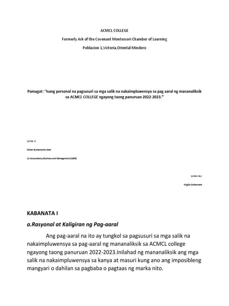 Kabanata I: A.rasyonal at Kaligiran NG Pag-Aaral Ang Pag-Aaral Na Ito ...